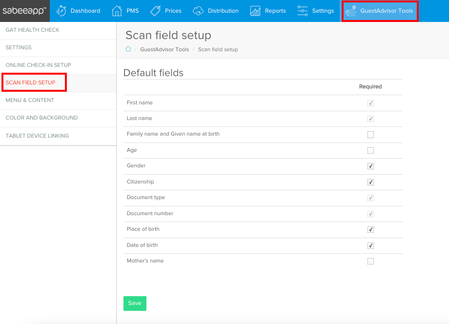 Scan field setup menu